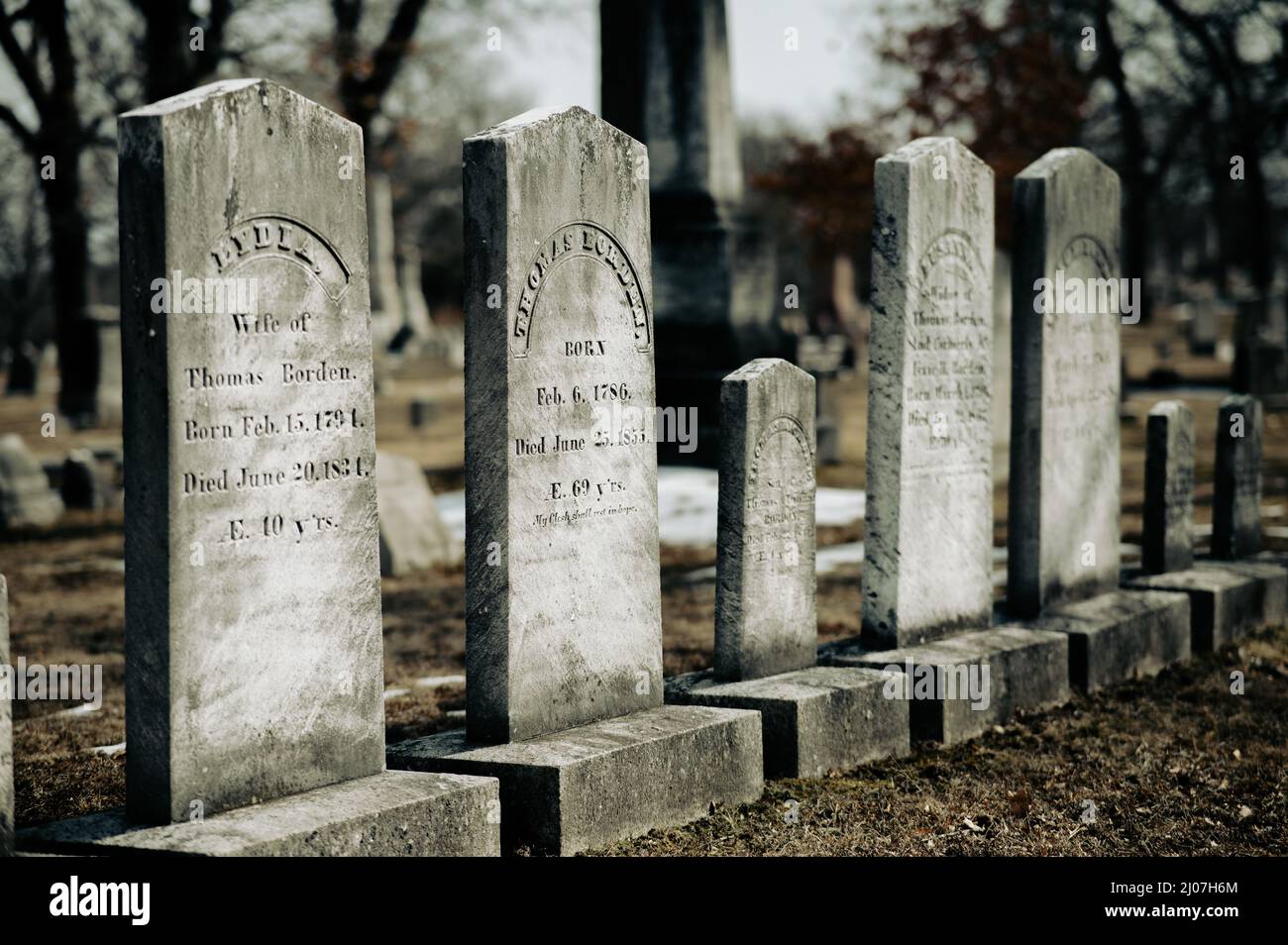 Closeup of graves in the Oak Grove Cemetery located in Fall River ...