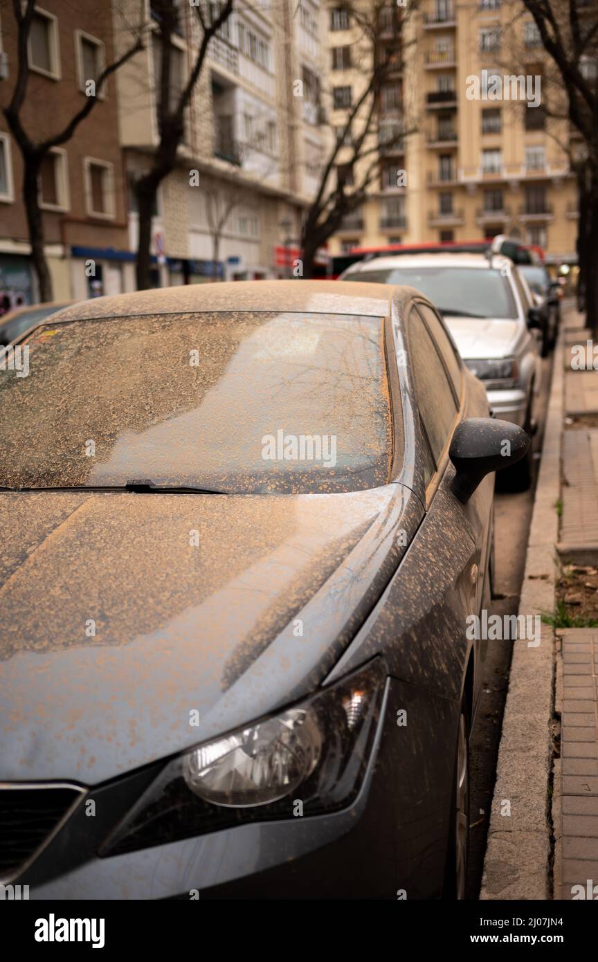 Dust and dirt on a car due to a sand storm arriving from the sahara in ...