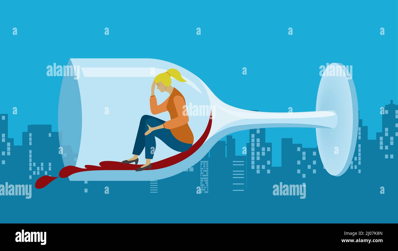 Woman with alcohol problems, hangover, regret. Sitting in wineglass ...