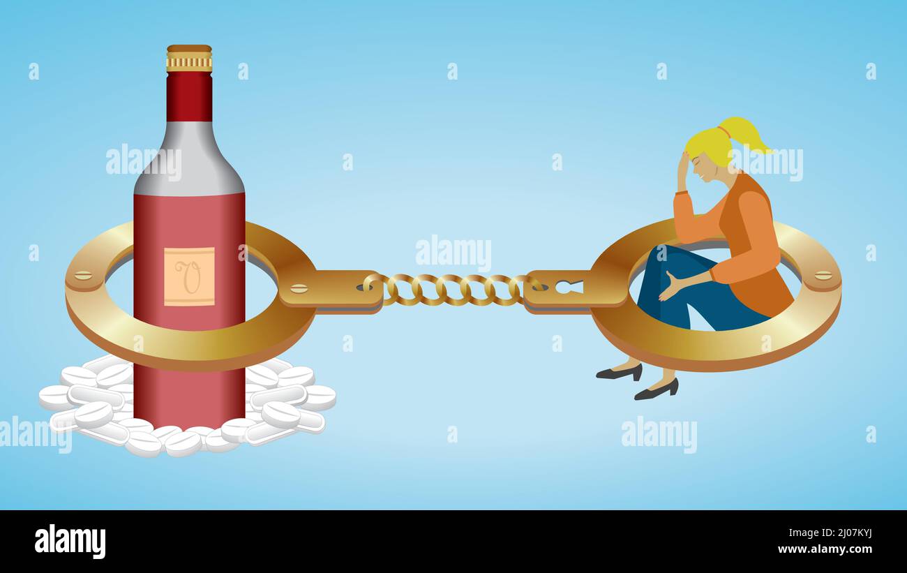 Woman trapped with alcool and pills. Dimension 16:9. Vector ...