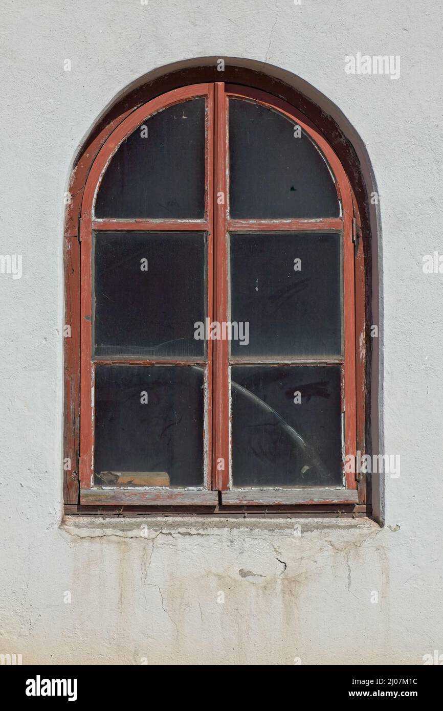 Red wooden framed window on plastered wall Stock Photo - Alamy