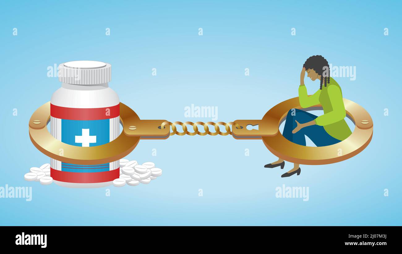 Woman trapped with alcool and pills. Dimension 16:9. Vector ...