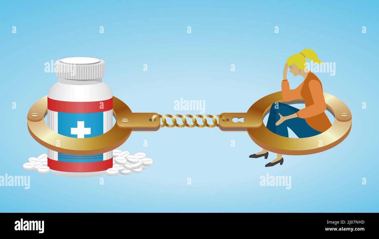 Woman trapped in handcuffs to medicine, drugs. Dimension 16:9.Vector ...