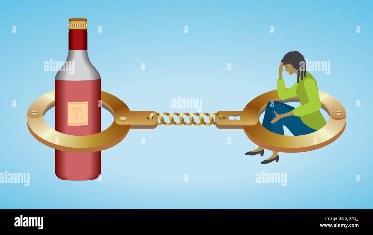 Woman trapped with handcuffs to wine bottle. Alcohol abuse. Dimension ...