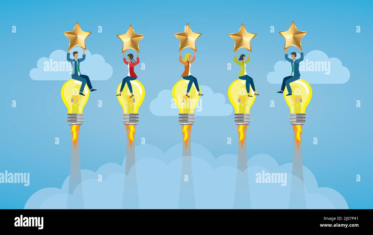 Successful businesspeople with five stars flying on light bulb rockets ...