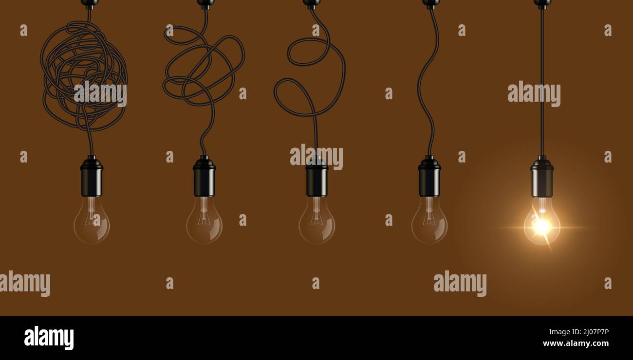 Complex and easy process of solving difficult problem. Electric lamp ...