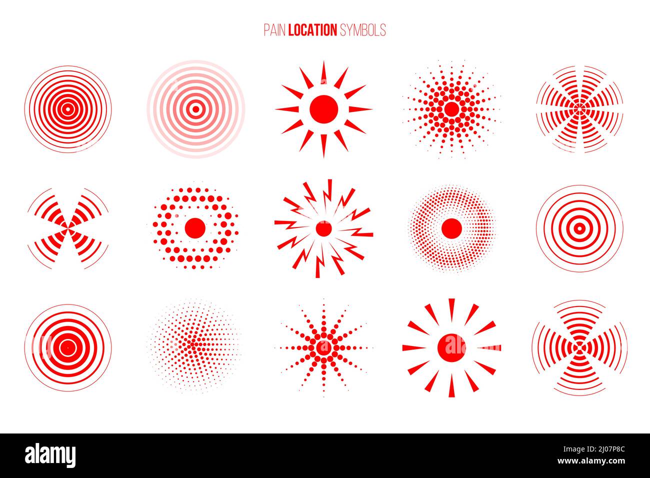 Pain location symbols set. Vector red ache pointing signs isolated on ...