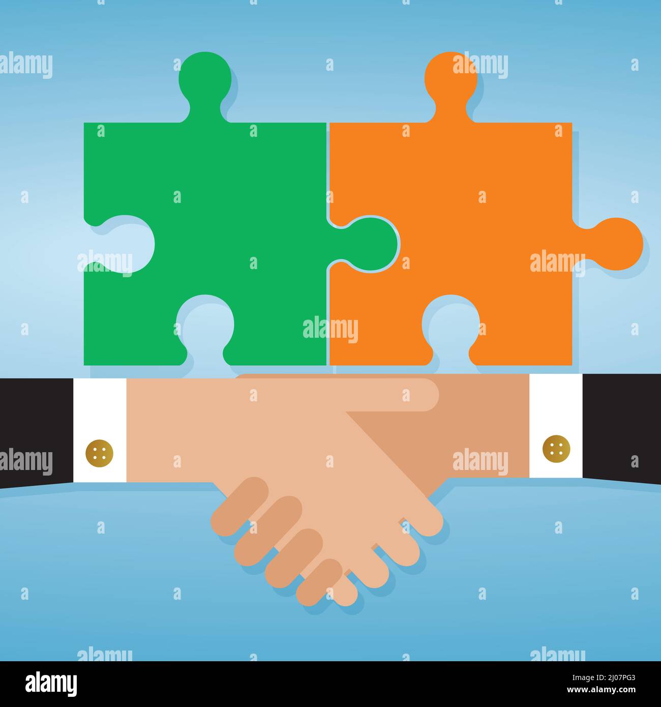 Agreement and handshake. Two puzzle, jigsaw pieces and hands. Vector ...