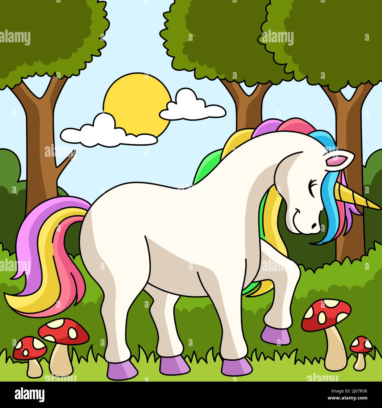Unicorn In A Forest Colored Cartoon Stock Vector Image & Art - Alamy