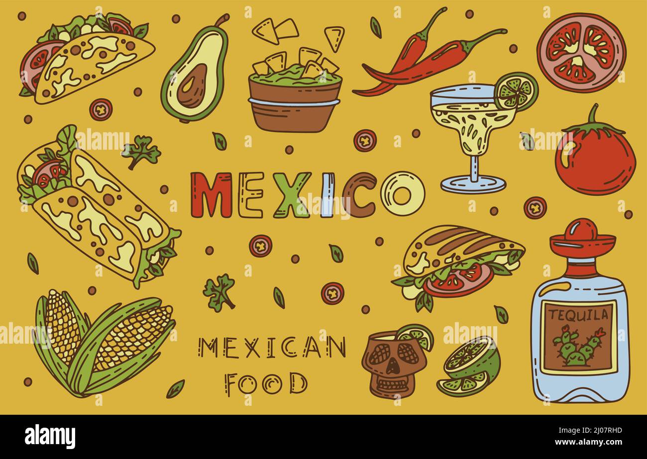 Mexican cuisine, vector doodle food set. National spicy food, fast food ...