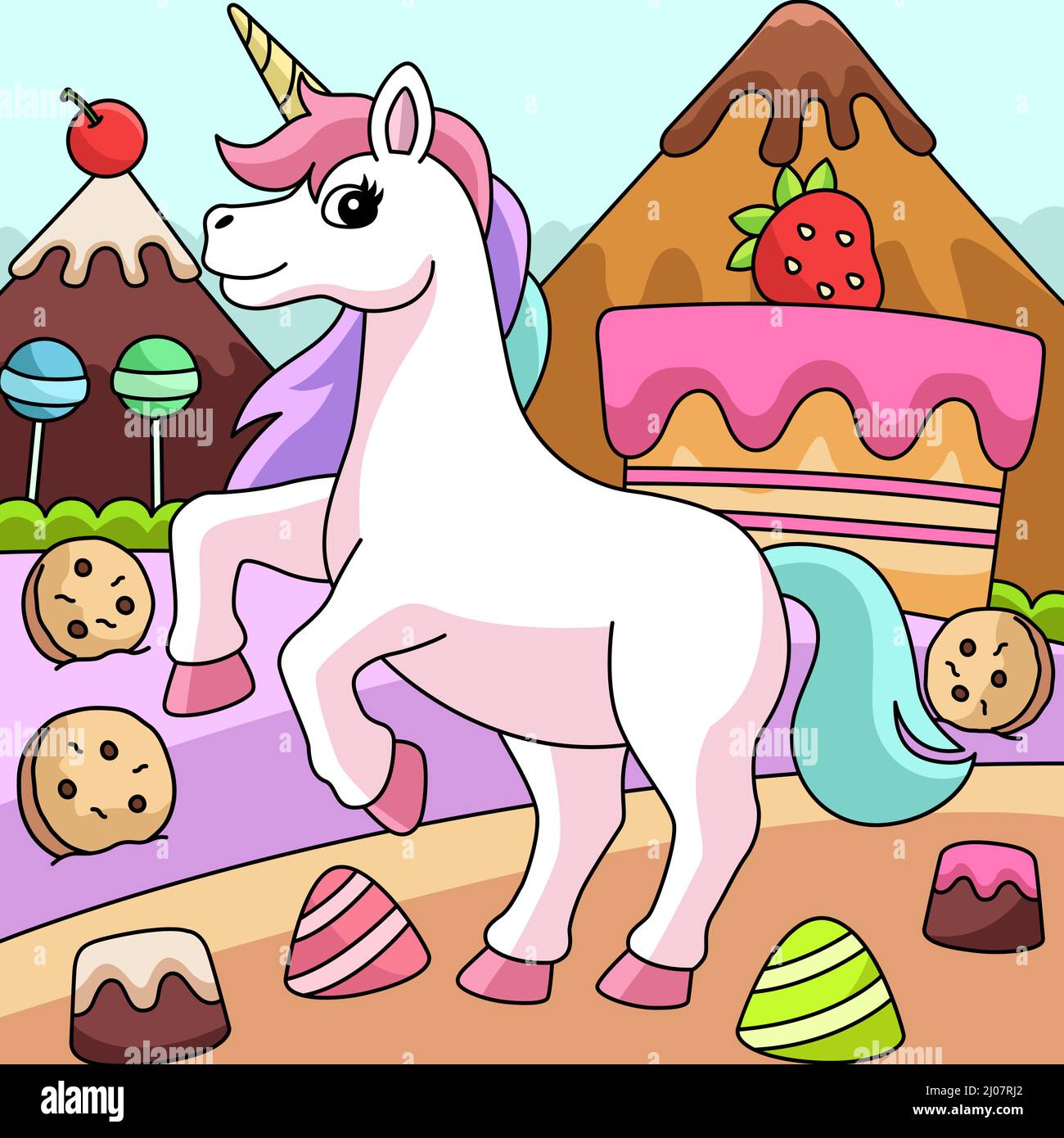 Unicorn In Candy Land Colored Cartoon Stock Vector Image & Art - Alamy