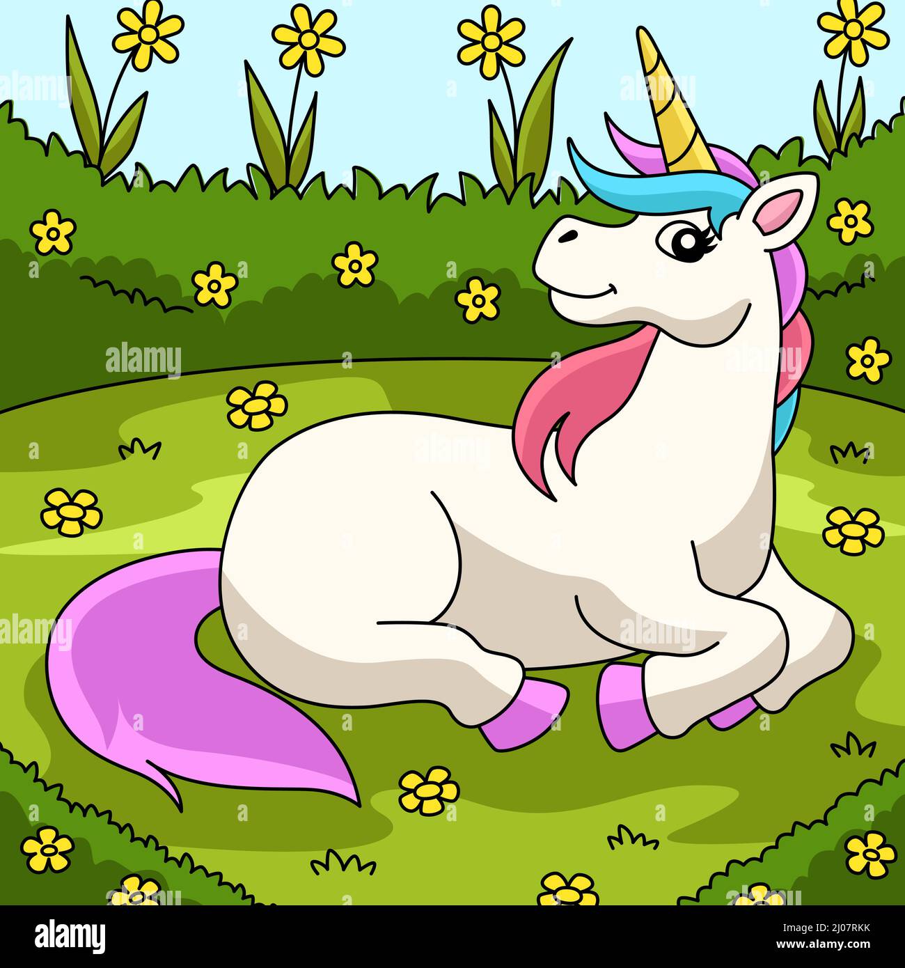 Unicorn Laying On A Flower Field Colored Cartoon Stock Vector Image ...