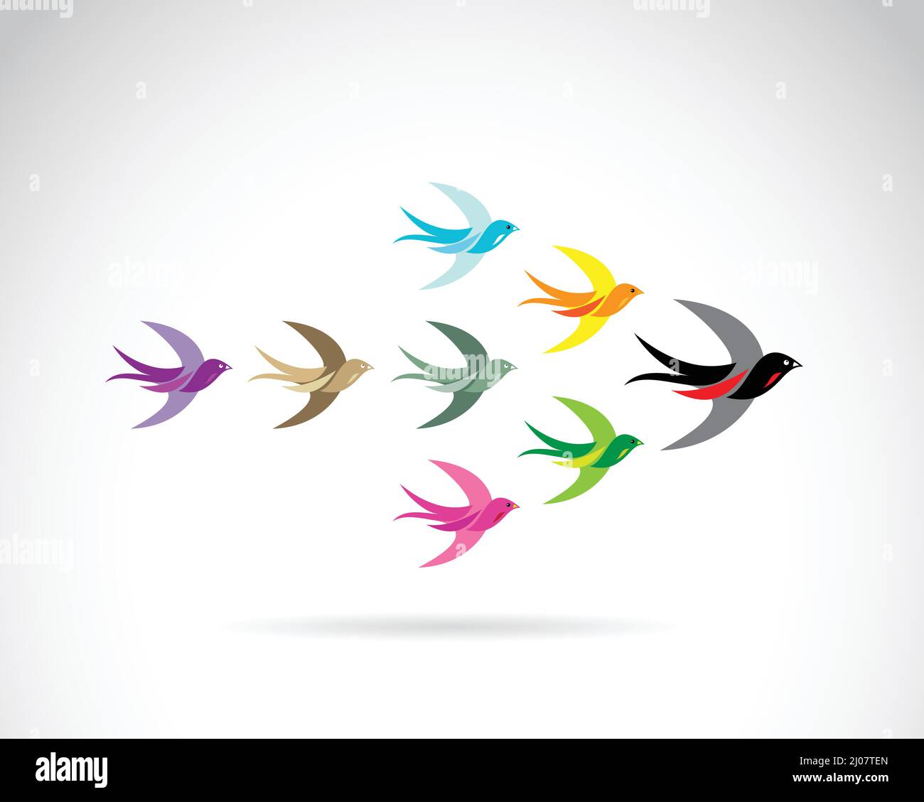 Vector Group of colorful swallow birds. Teamwork concept. Easy editable ...