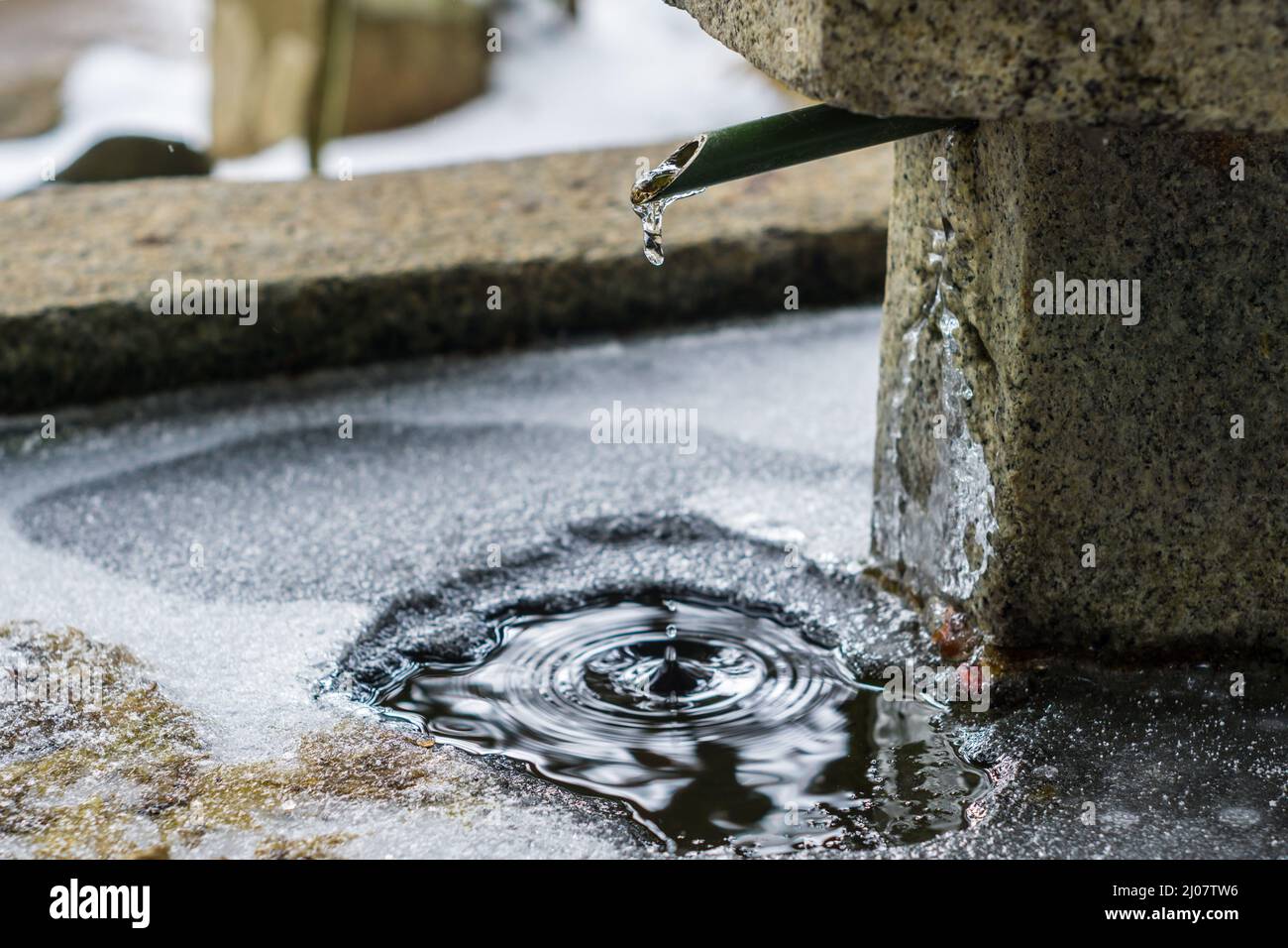 Japanese bamboo water fountain dripping into a pool of frozen water at ...