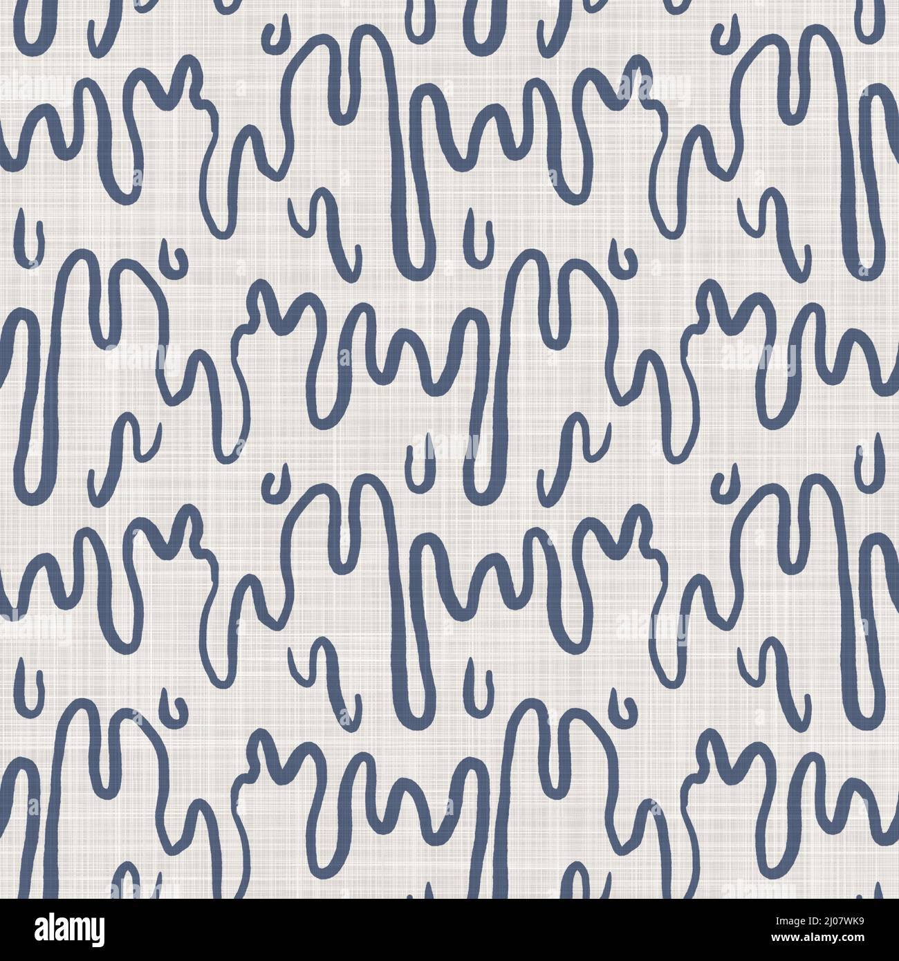 French blue doodle motif linen seamless pattern. Tonal country cottage ...