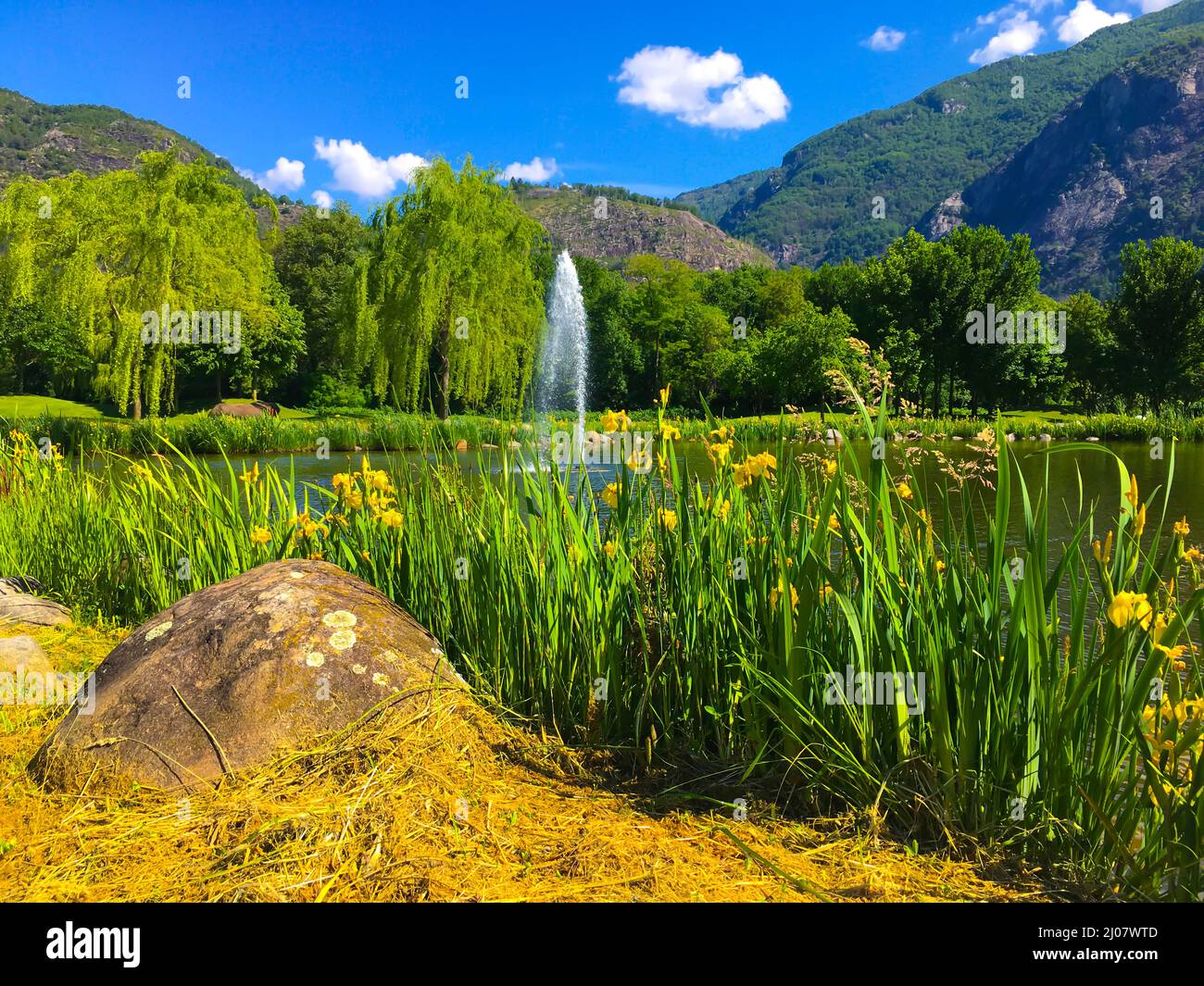 Golf Course with Flowers and Water Fountain and Mountain in a Sunny Day ...