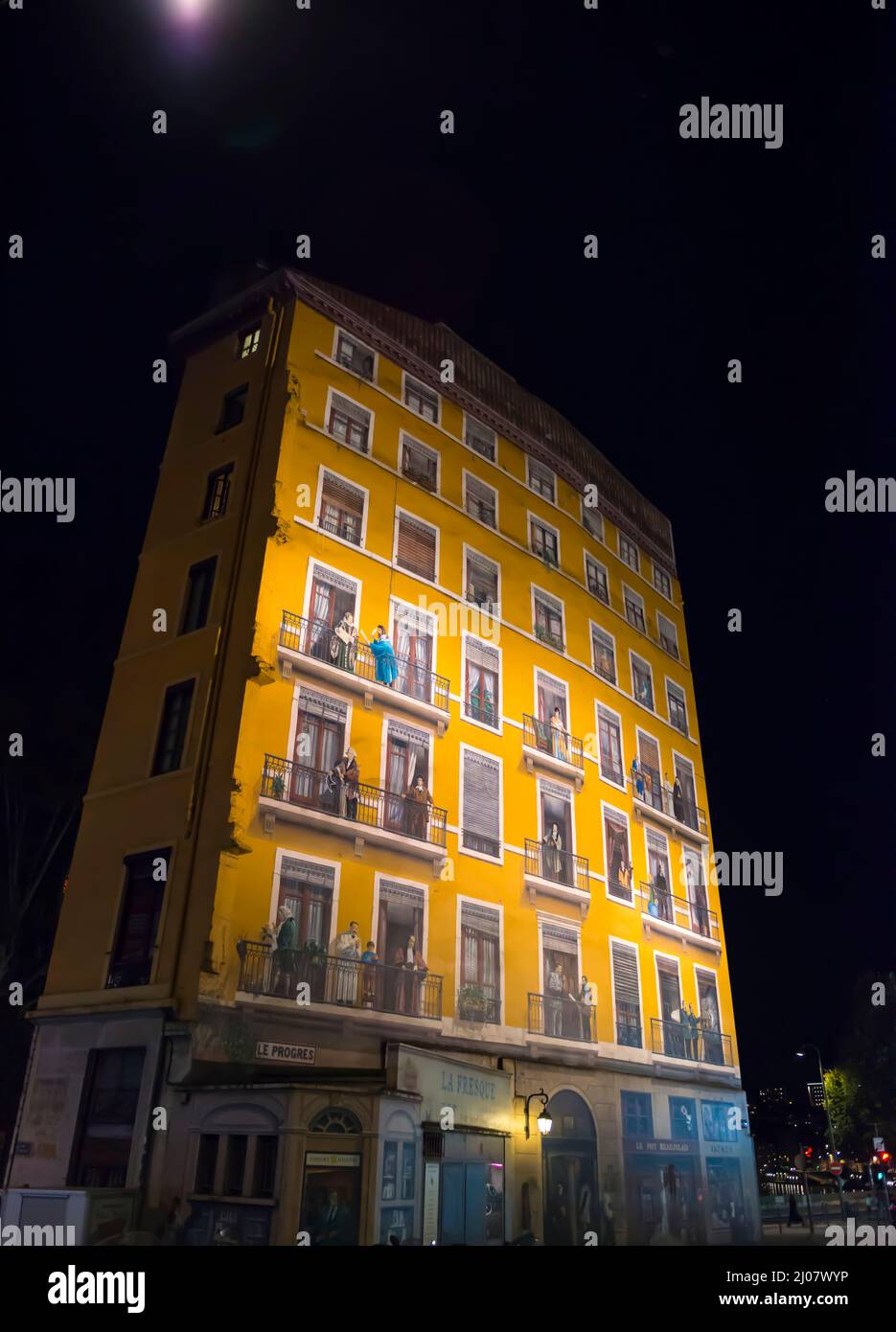 Painted Facade Wall on a Building in Lyon at Night in Auvergne-Rhone ...