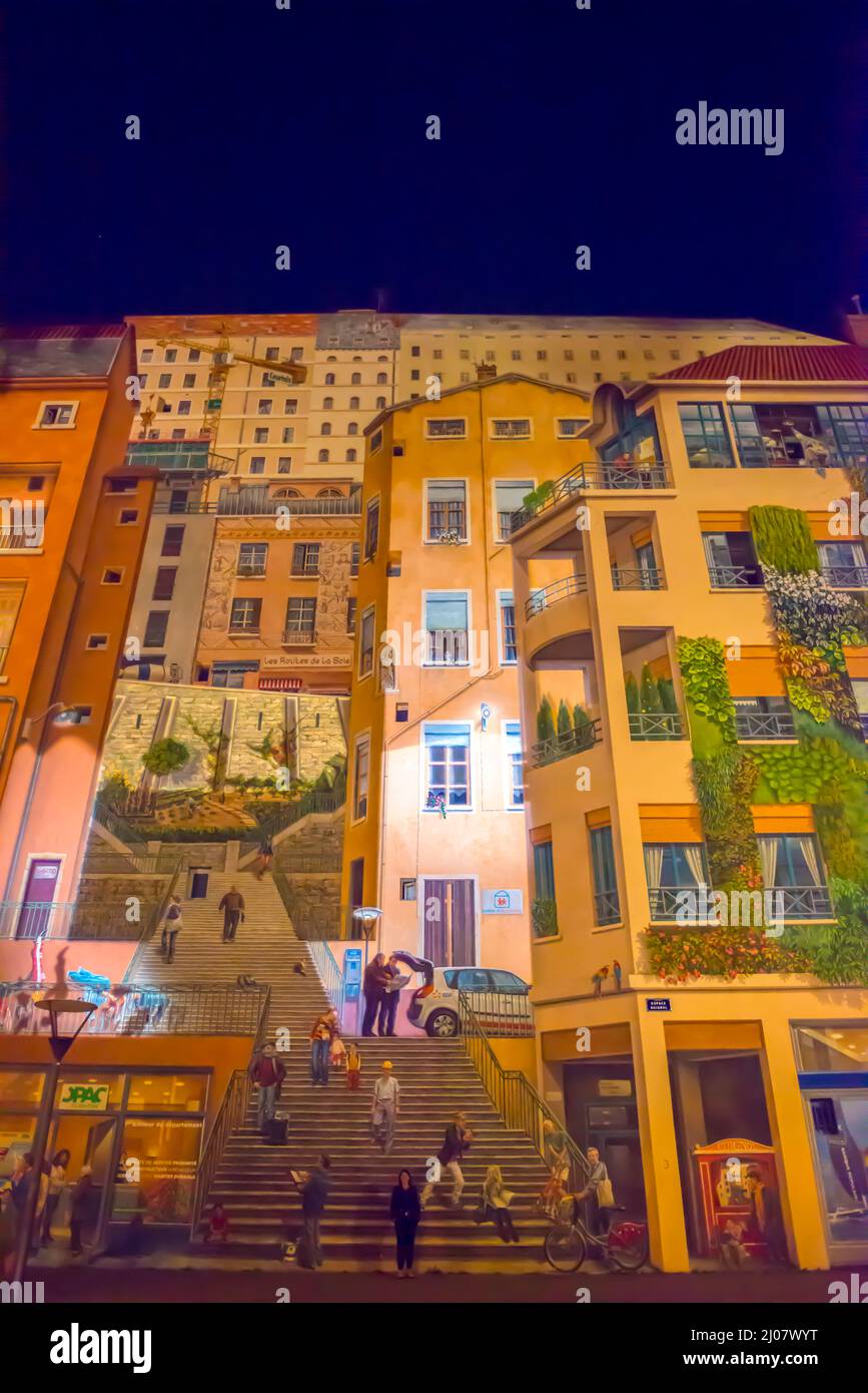 Painted Facade Wall on a Building in Lyon at Night in Auvergne-Rhone ...
