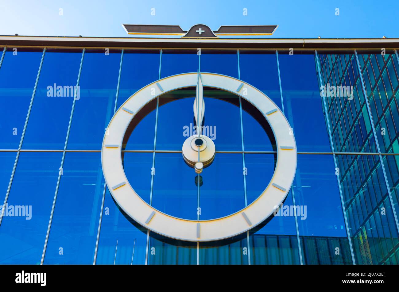 Big Clock on Glass Facade in Basel, Switzerland. *** Local Caption ...