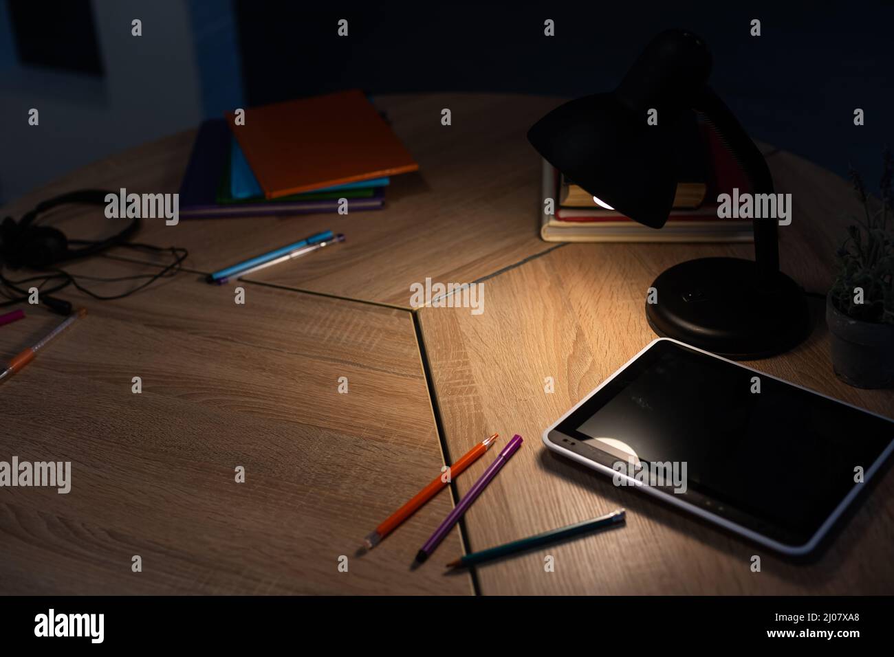 Student desk top view, teenager home workplace table with studying ...