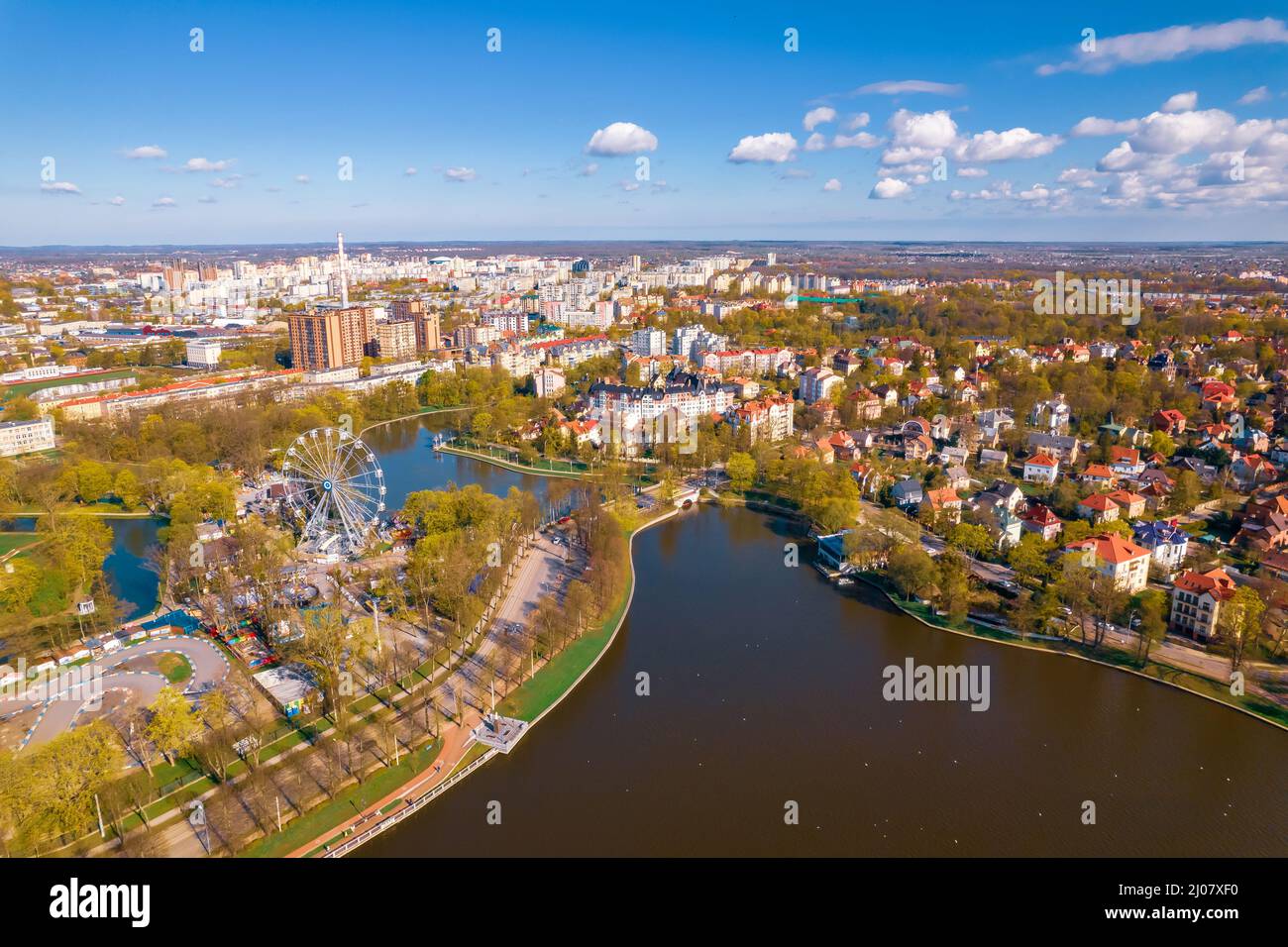 Aerial view city Kaliningrad Russia central park with lake summer day ...