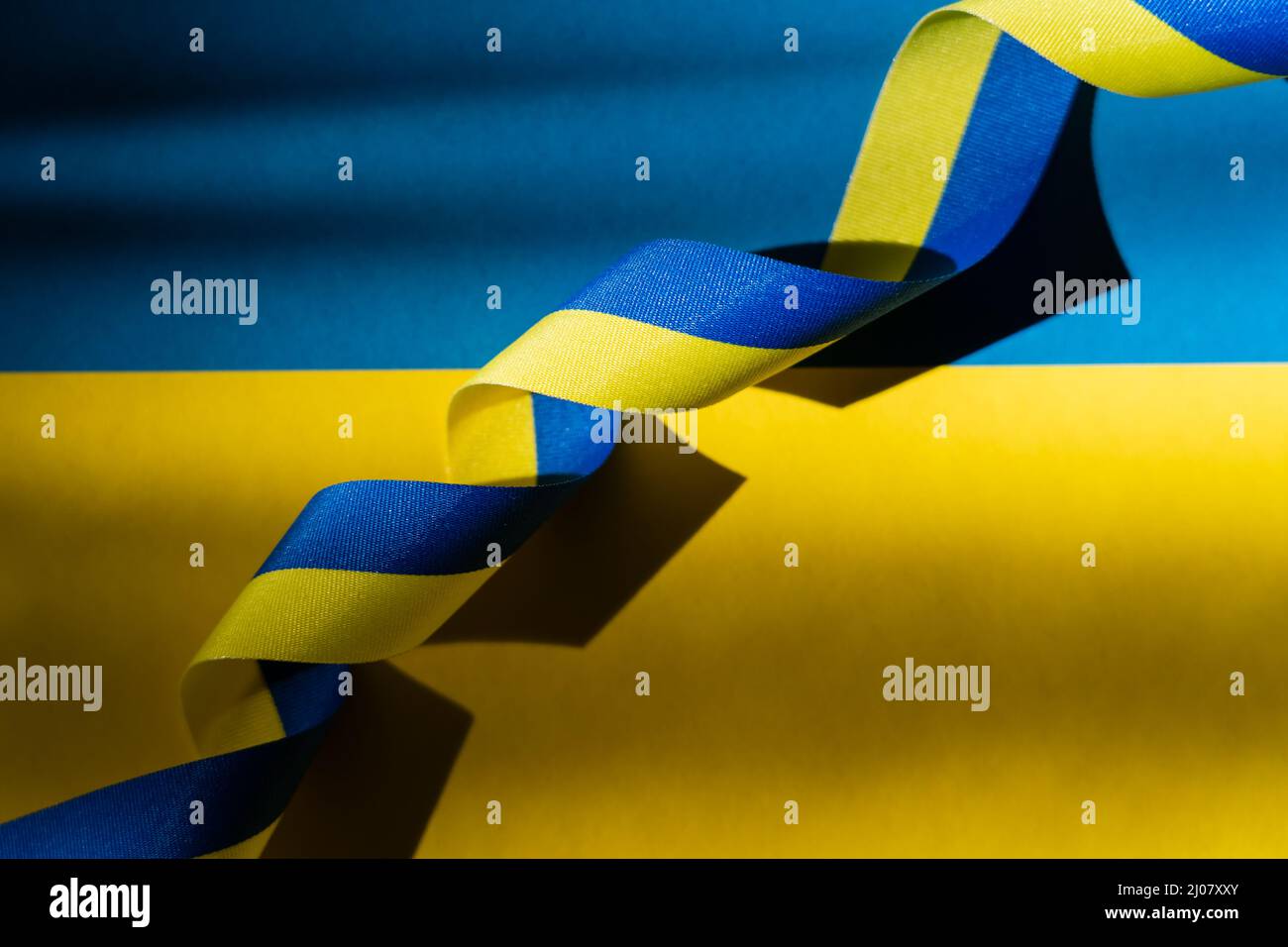 Top view of blue and yellow ribbon on ukrainian flag Stock Photo - Alamy