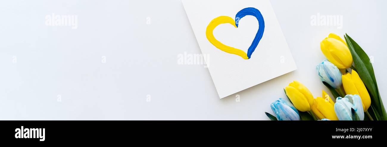 Top view of blue and yellow flowers near card with painted heart sign ...