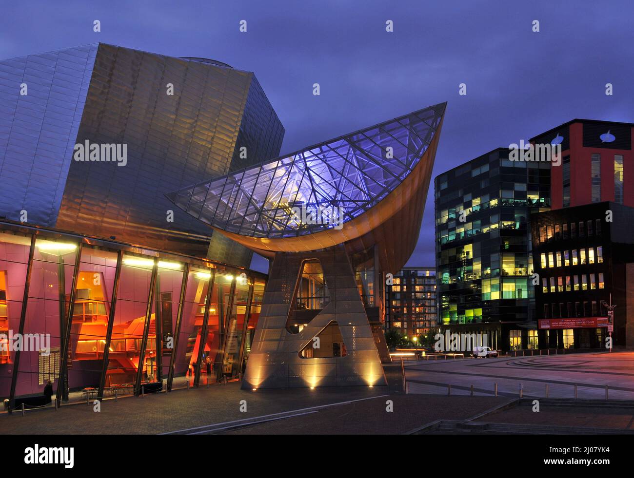Lowry arts center gallery and modern office buildings illuminated at ...