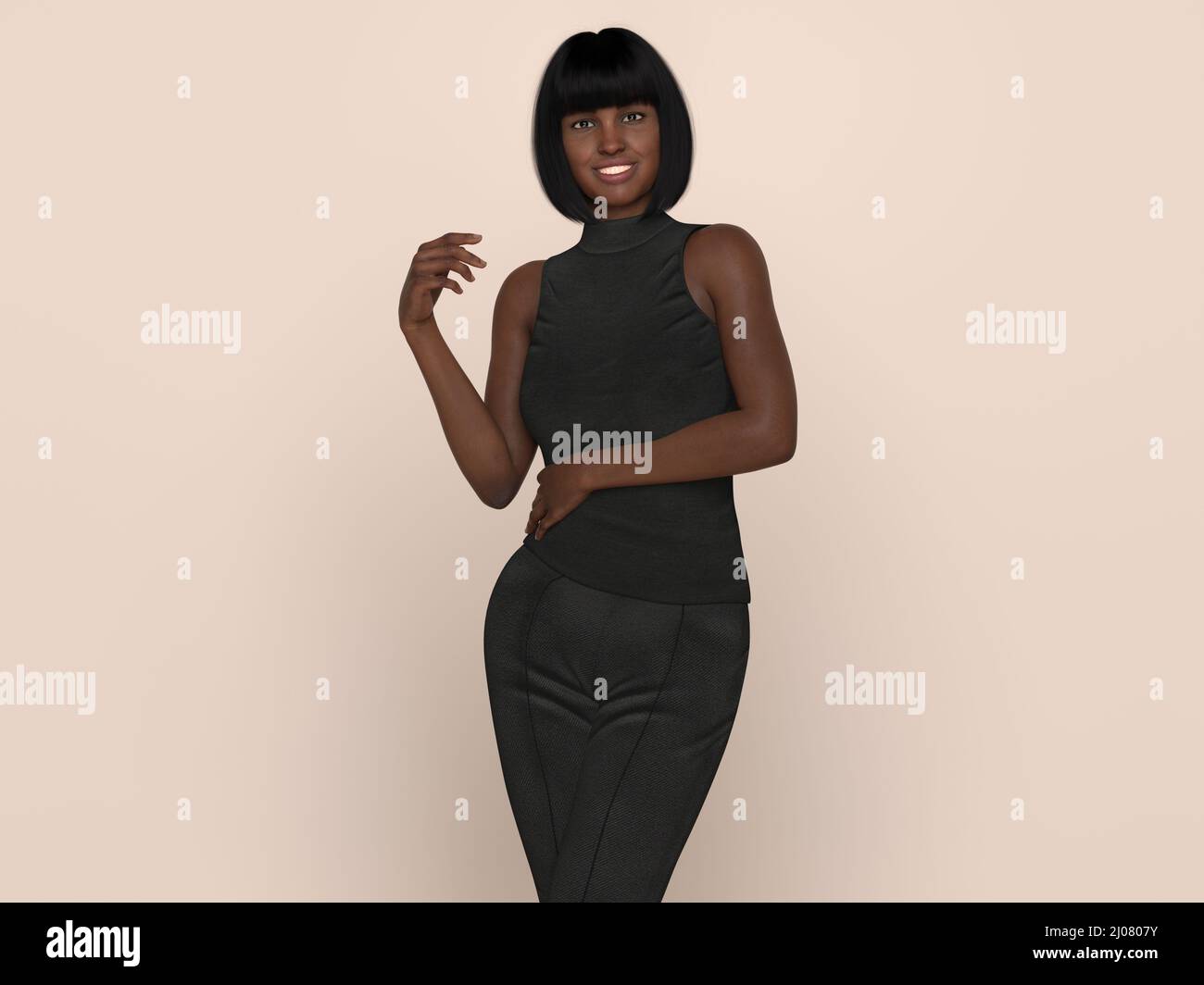 3D Render : Portrait of a smiling young beautiful black woman in the ...