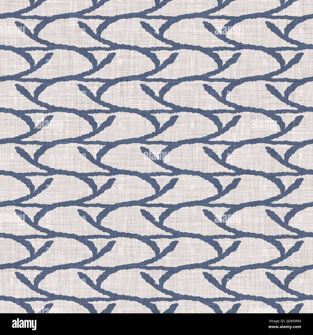 French blue doodle motif linen seamless pattern. Tonal country cottage ...