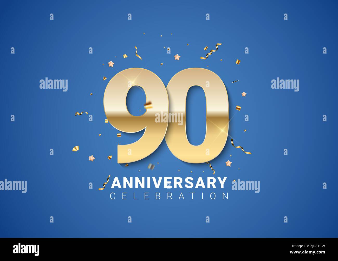 90 anniversary background with golden numbers, confetti, stars on ...