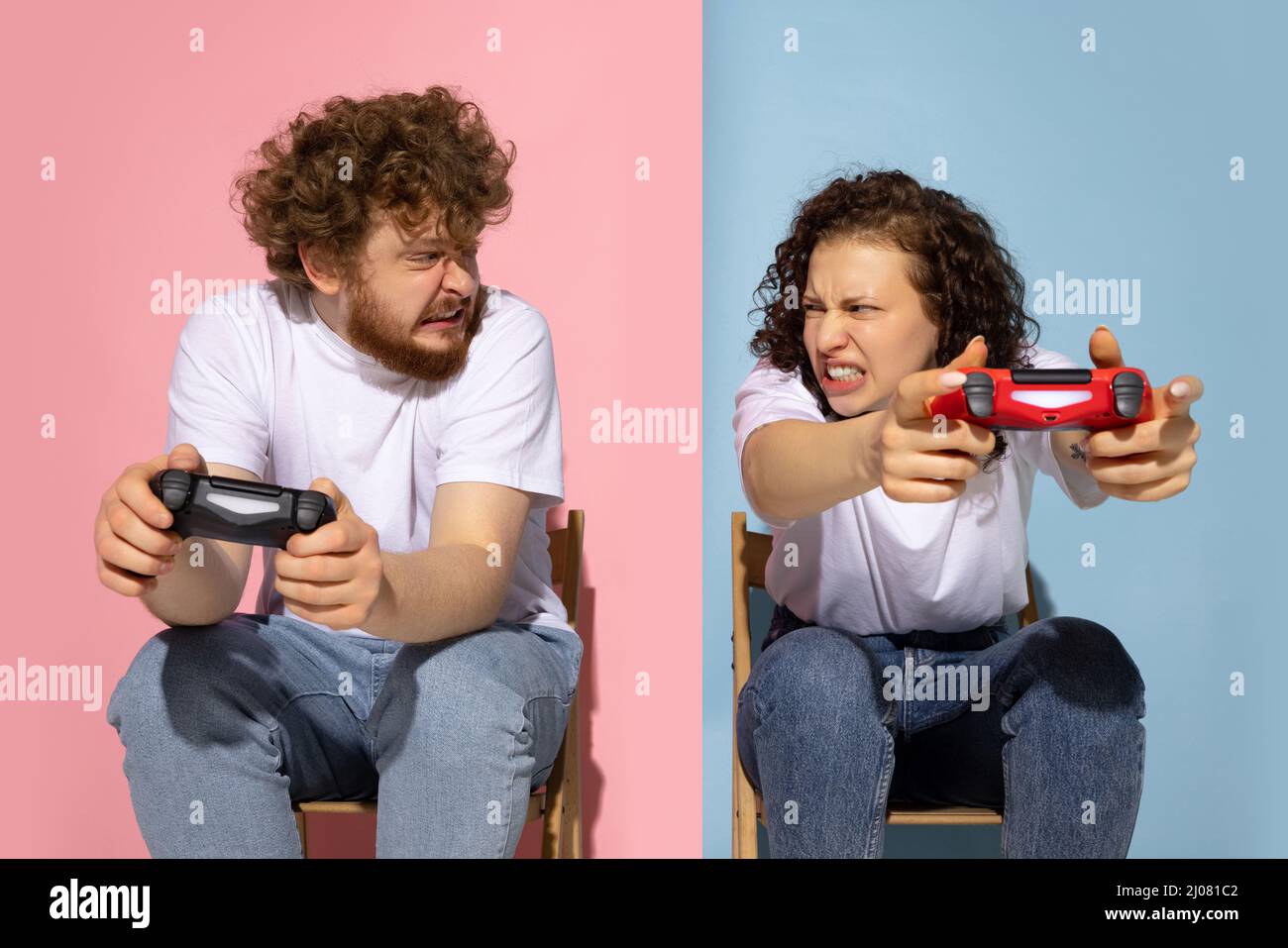Married couple, young emotive man and girl isolated on blue and pink ...