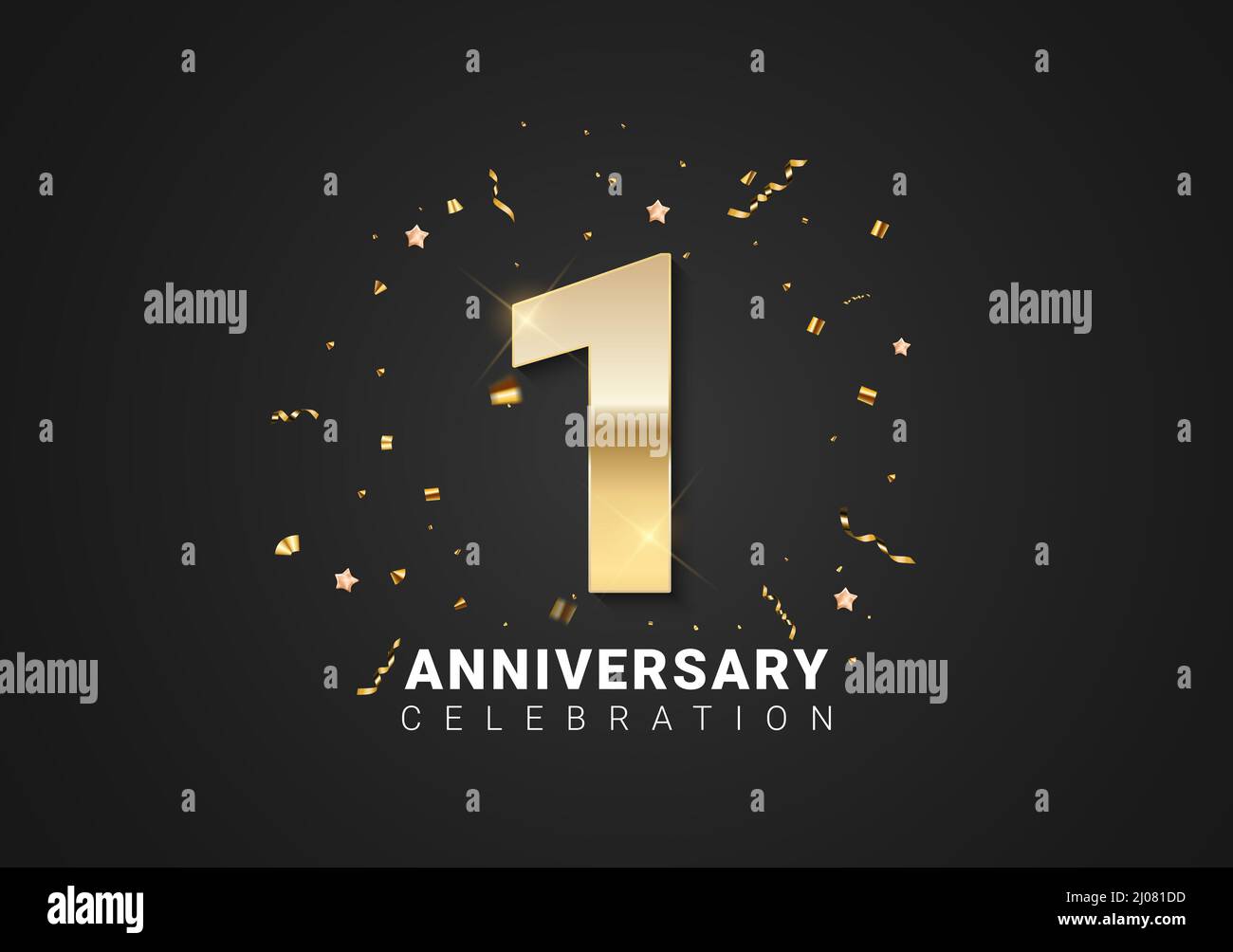 1 anniversary background with golden numbers, confetti, stars on bright ...