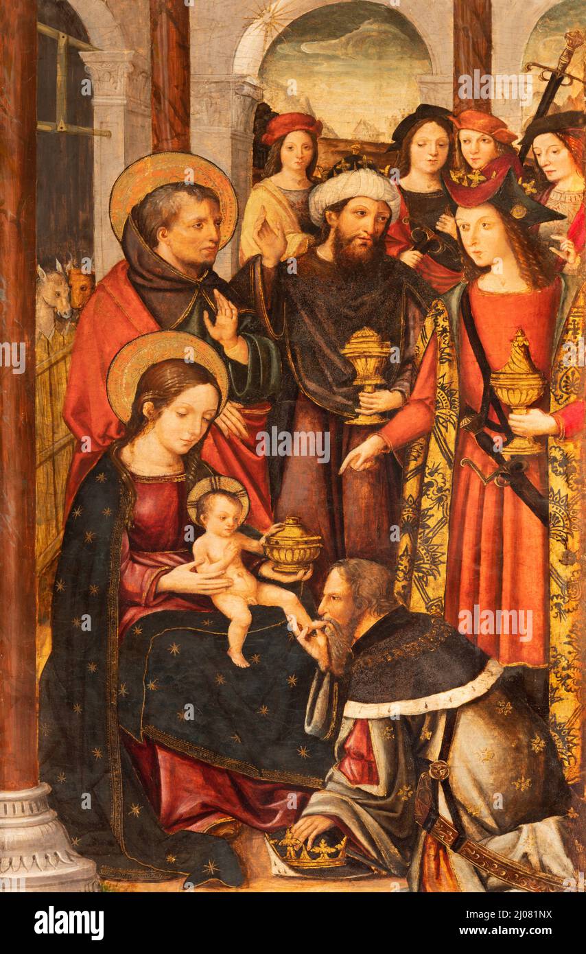 VALENCIA, SPAIN - FEBRUAR 14, 2022: The painting of Adoratino of Magi ...