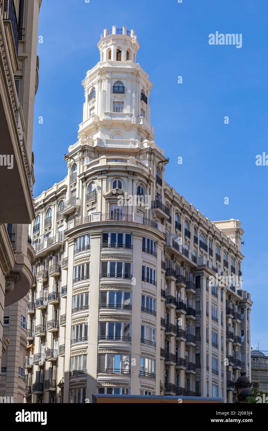 Facade of white Building with Turret and Balconies, Valencia, Spain ...
