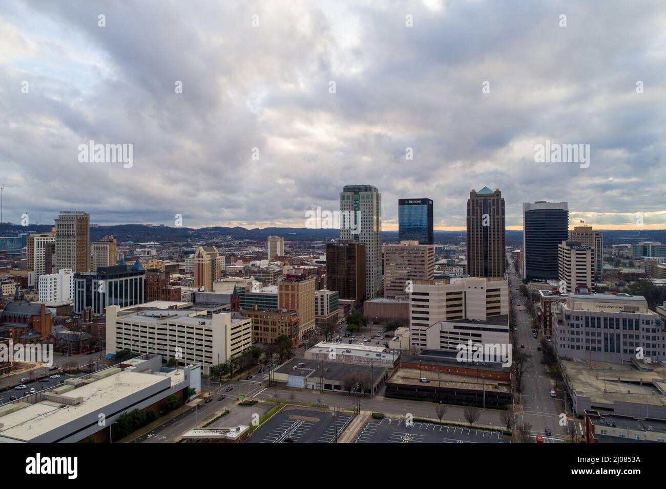 Cloudy skies at sunset over downtown Birmingham, Alabama Stock Photo ...