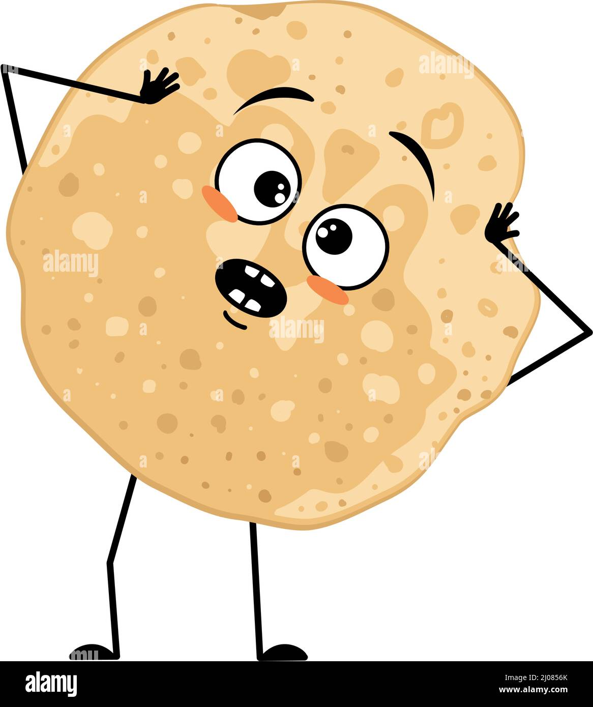 Pancake character with emotions in panic grabs his head, surprised face ...