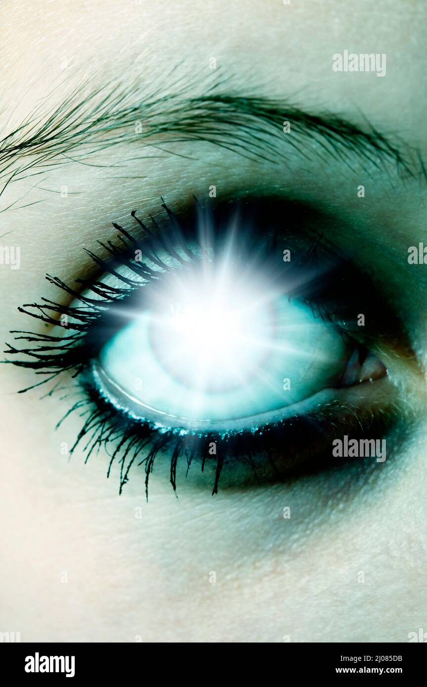 woman eye with a light flare inside the iris Stock Photo - Alamy