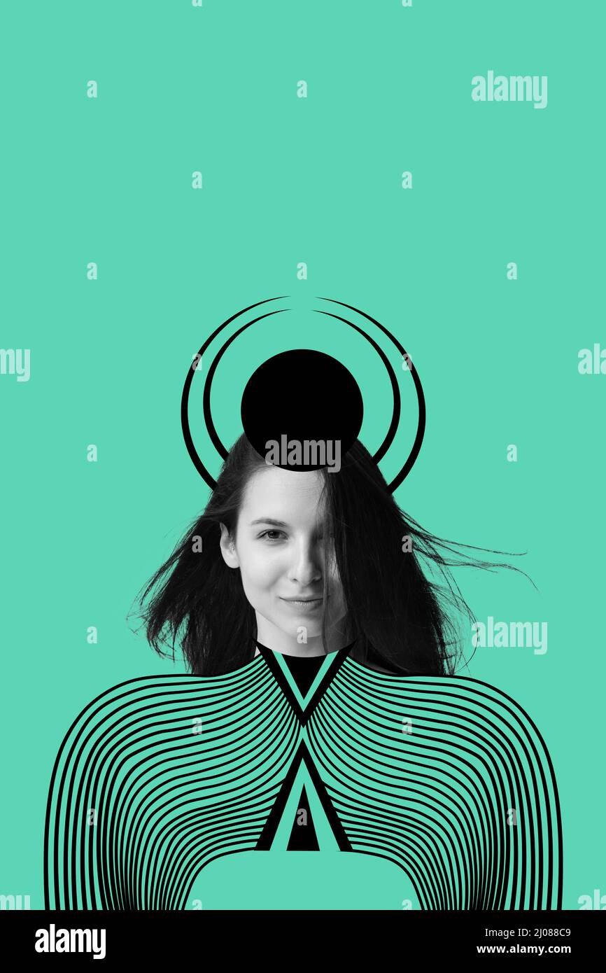 Creative art collage. Young woman with line art drawings isolated over ...