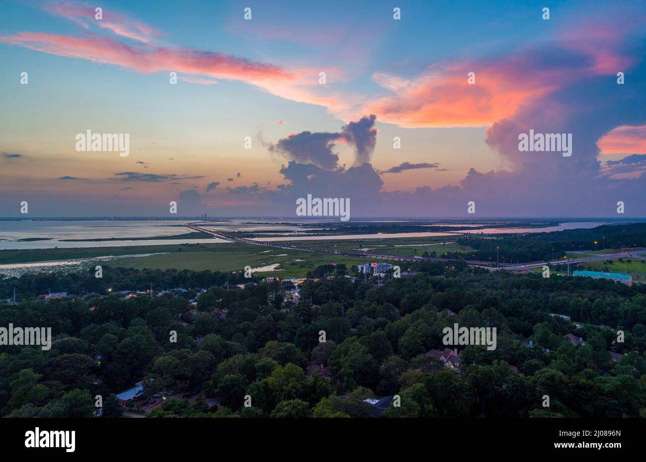 The eastern shore of Mobile Bay at sunset in Daphne, Alabama Stock ...