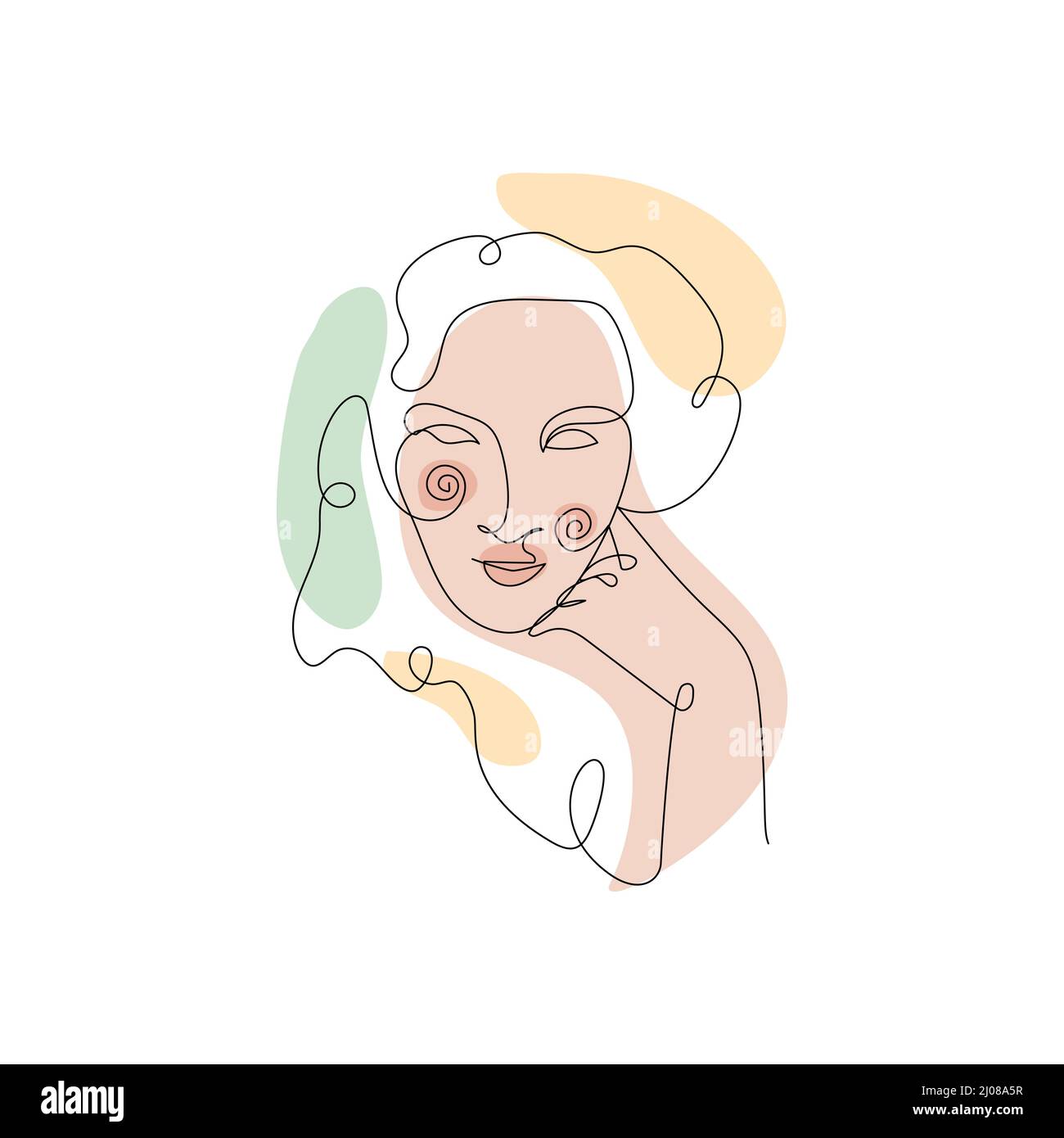 Female face single line drawing and pastel abstract shapes composition ...