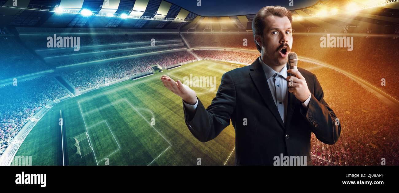 Man in a stuit emotively broadcasting football match online isolated ...