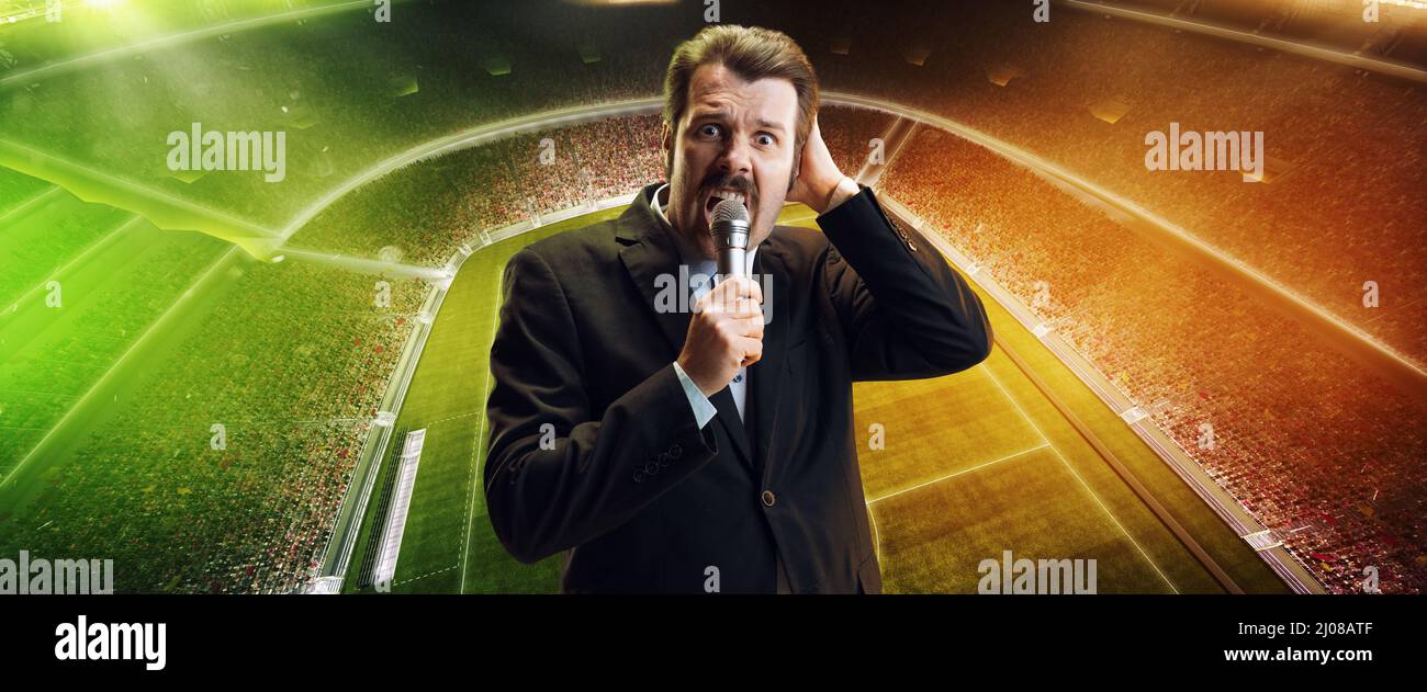 Emotive man, professional sport commentator having online TV stream ...