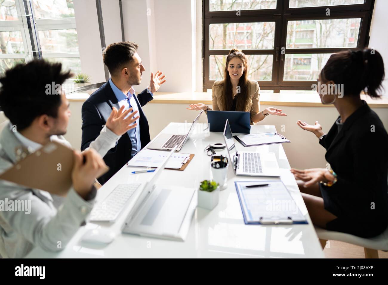 Office Meeting Conflict And Stress. Arguing Business People In Quarrel ...