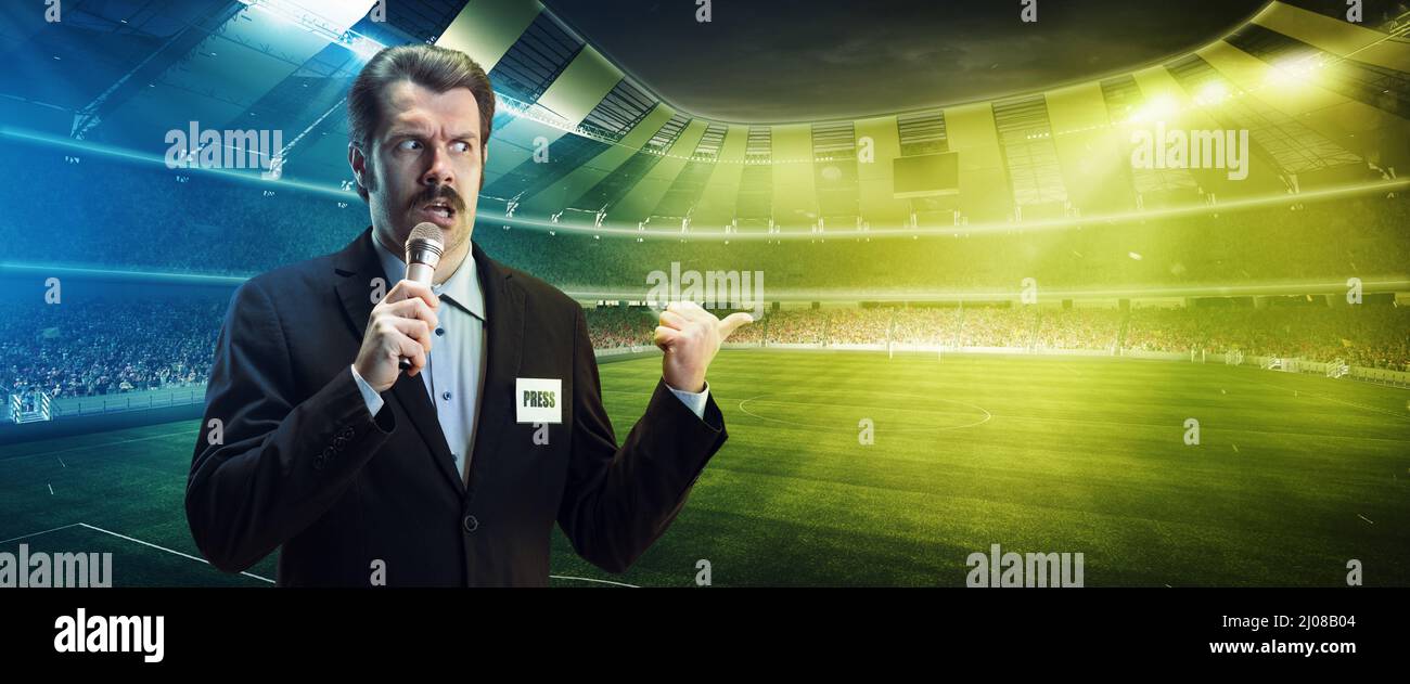 Funny man, professional sport commentator having online TV stream ...