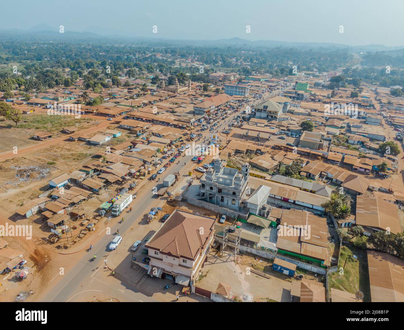 Drone shot of Ganta City (Gompa City) in Liberia, Africa under the ...