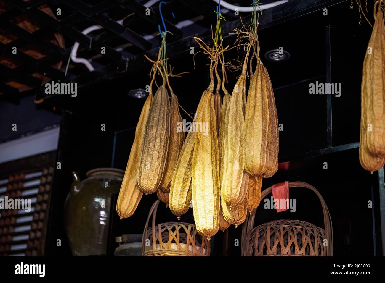 Close-up of dry old loofah sacs for washing dishes in a pan Stock Photo ...