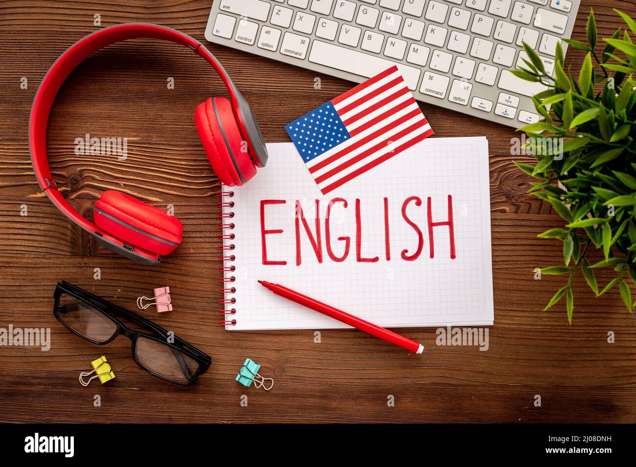 Learning English online lessons concept. Text on student table Stock ...