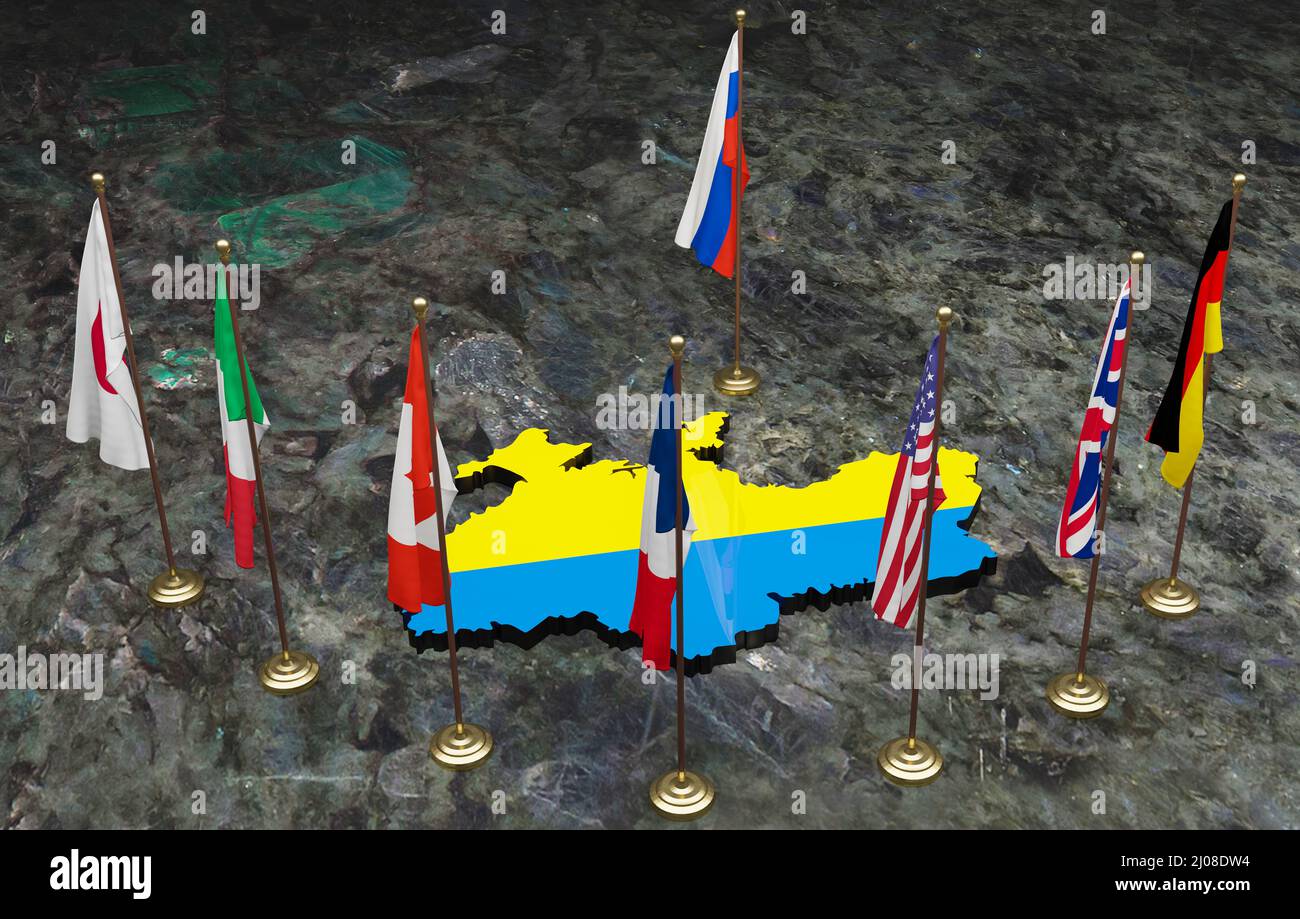 G7 countries against Russia, Flags of G7 countries, Russia and map ...