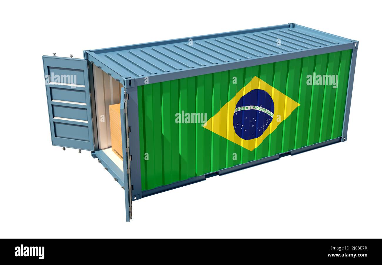 Cargo Container with Brazil national flag. Isolated on white. 3D ...